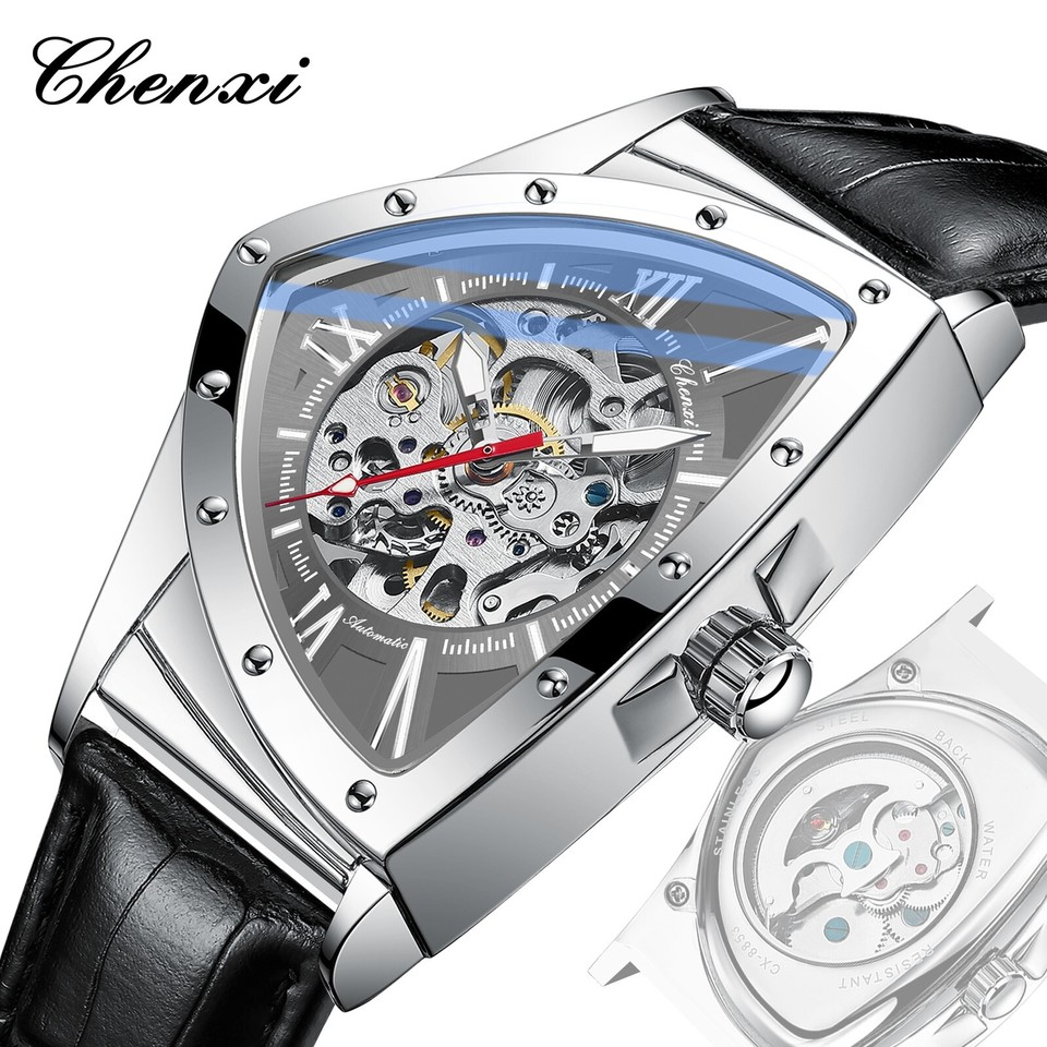 Luxury Triangle Skeleton Dial Men's Watch Mechanical Automatic Leather ...
