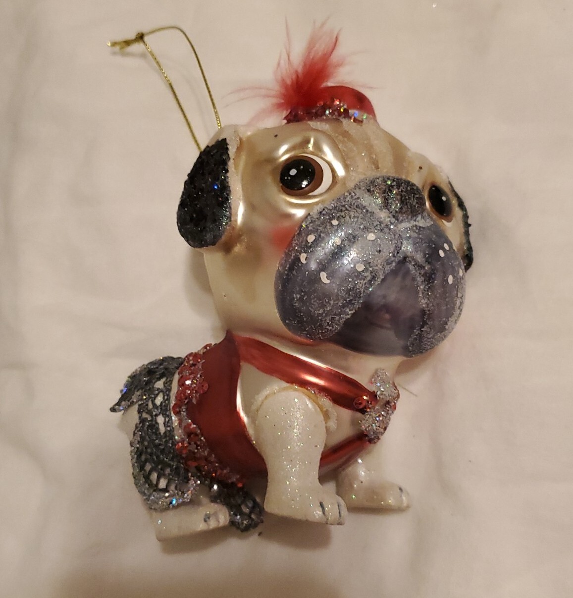 PUG Glass Ornament Large Glitter Painted Dog 4 x 5 Red Black | eBay