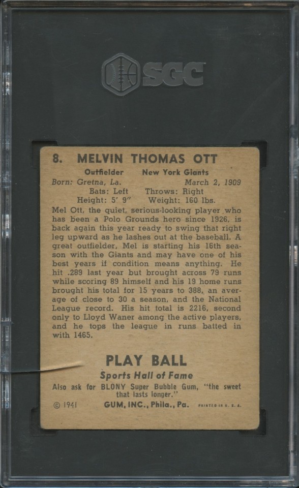 1941 Play Ball #8 Mel Ott SGC 3.5 | eBay