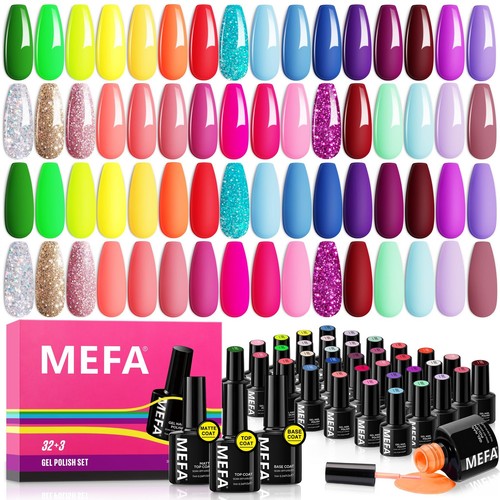 MEFA 35 Pcs Gel Nail Polish Set 32 Colors Summer Neon Rainbow Bright ...