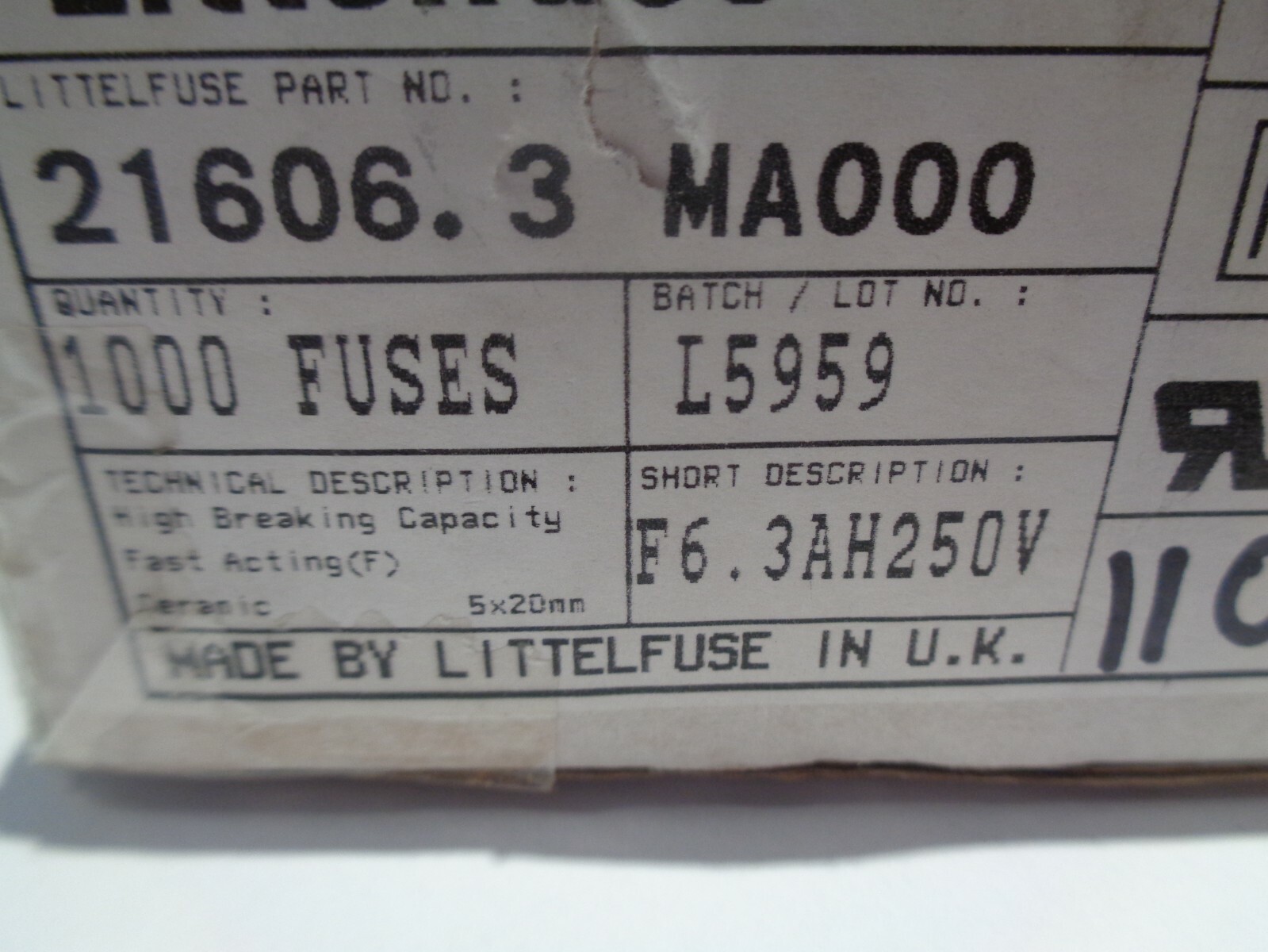 F6.3AH250V LITTLEFUSE 021606.3MXP 6.3A Quick Blow Ceramic Fuse 5x20mm ...