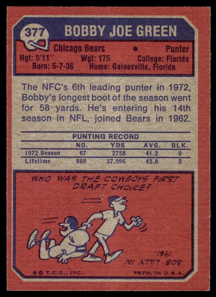 1973 TOPPS BOBBY JOE GREEN 2 CHICAGO BEARS #377 | eBay