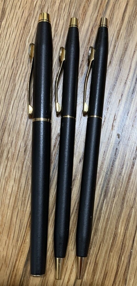 Cross Steamboat Willy Matte Black Trio Pen Set + Holder And Solid Gold ...