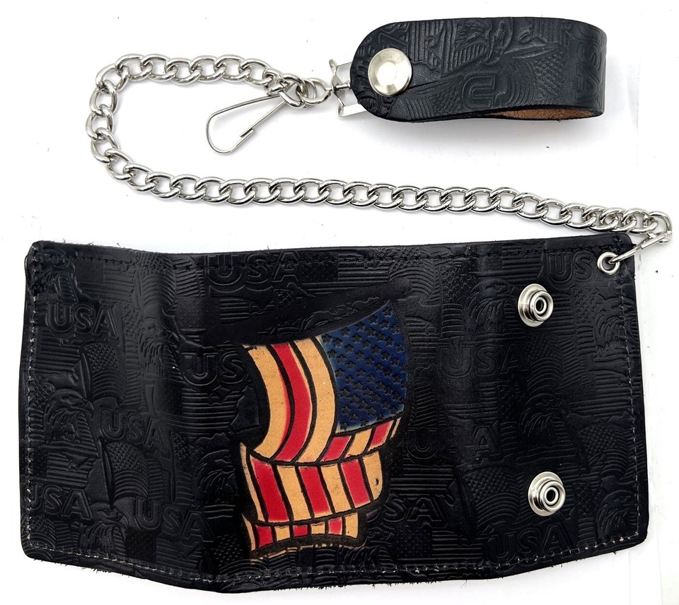 Genuine Black Leather Trifold Embossed American Flag Chain Wallet Made ...