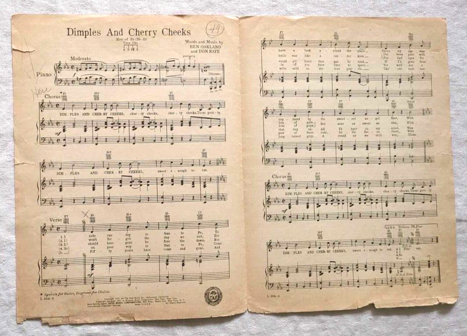 Dimples And Cherry Cheeks Recorded By the Andrew Sisters 1951 Sheet ...