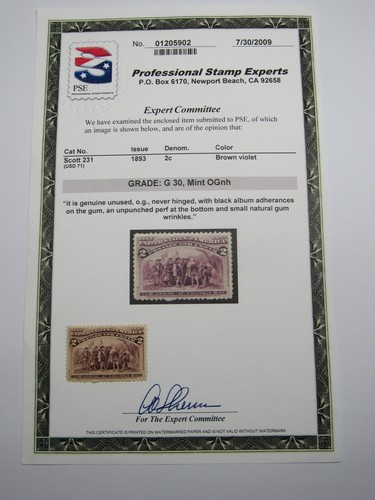 PSE Certified Stamp!! 1893 U.S. POSTAGE 2¢ GRADE:G=30 Mint OGnh Stamp ...