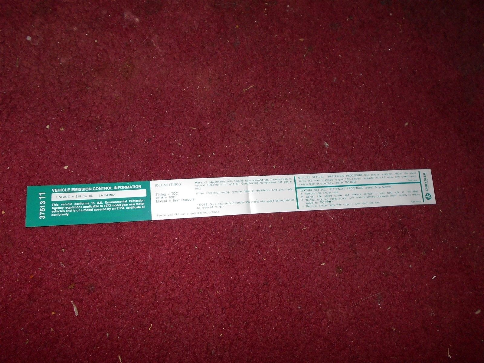 1973 DODGE CHRYSLER PLYMOUTH 318 V8 ENGINE EMISSIONS DECAL STICKER NEW ...
