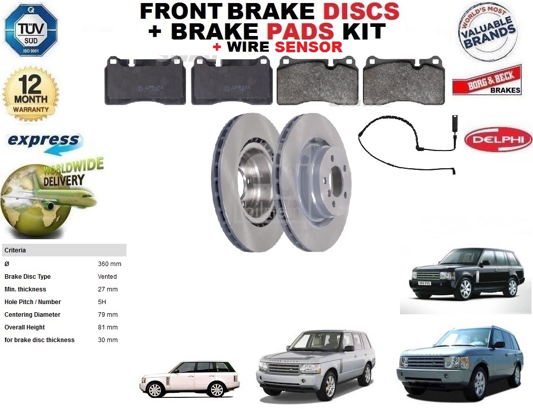 FOR RANGE ROVER MKIII L322 FRONT BRAKE DISCS SET + DISC PADS KIT + WIRE ...