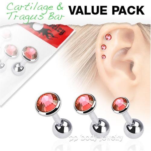 3 Pcs Value Pack of Assorted Steel Tragus Bar with Flat Red Gem Top | eBay
