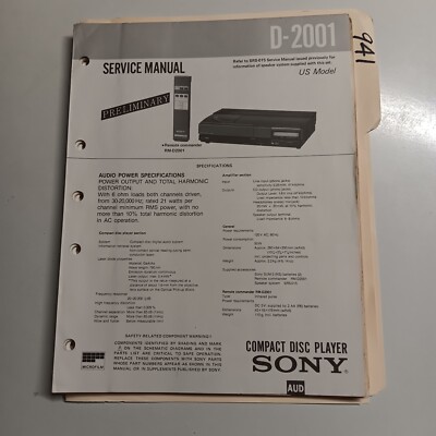 Sony d-2001 service manual preliminary 24 pages stereo cd player ...