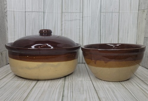 Vintage Stoneware 2 Tone Bean Pot And Bowl Heavy Duty Well Made Rustic ...