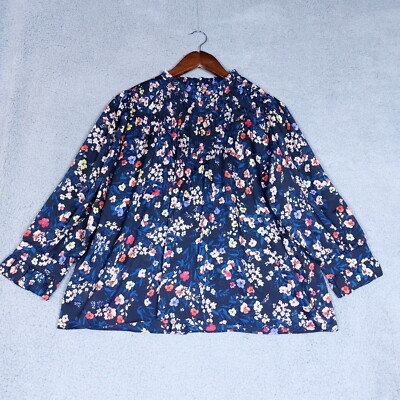 Ann Taylor Top Women's Medium Blue Floral Pintuck Button Shoulder ...