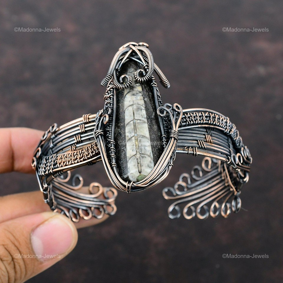 Orthoceras Fossil Wire Wrapped Adjustable Bangle Handcrafted Copper ...