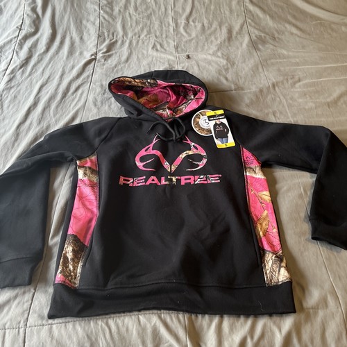 REALTREE WOMEN HOODIE BLACK PINK CAMOUFLAGE SWEATER FLEECE KANGAROO ...