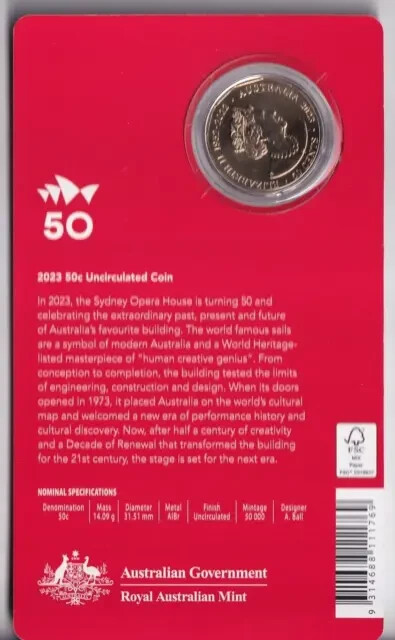 50 cents coin 50TH ANNIVERSARY OF THE SYDNEY OPERA HOUSE 2023 ...