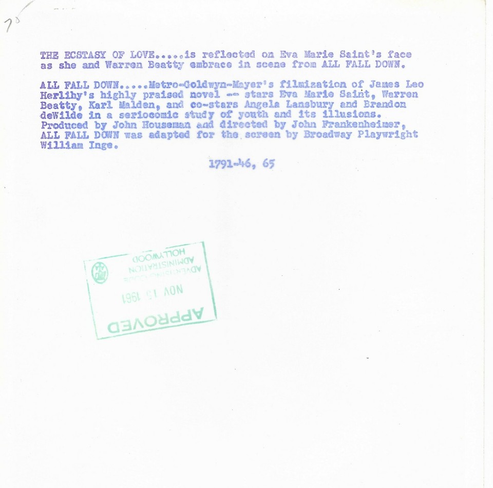 EVA MARIE SAINT,WARREN BEATTY"ALL FALL DOWN"1961 VINTAGE ORIGINAL 8X10 ...