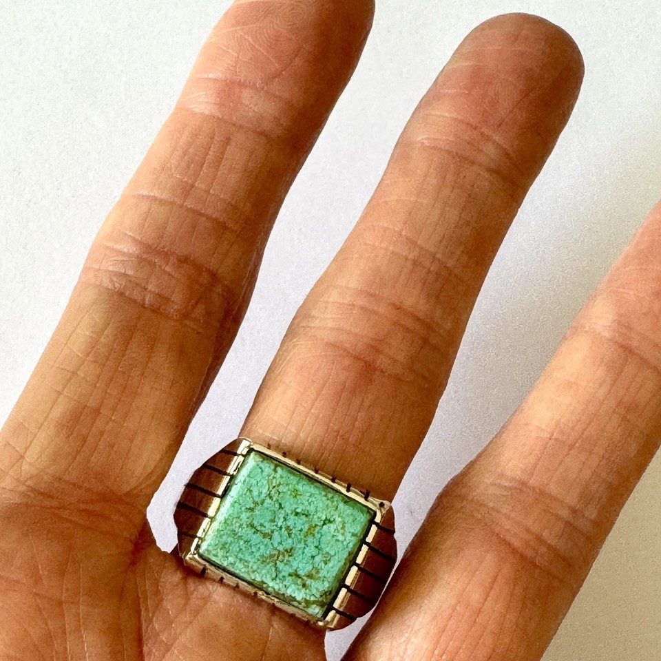 Navajo #8 Mine Turquoise Mens Ring Sz 13 Rectangle Signed Jack Sterling ...