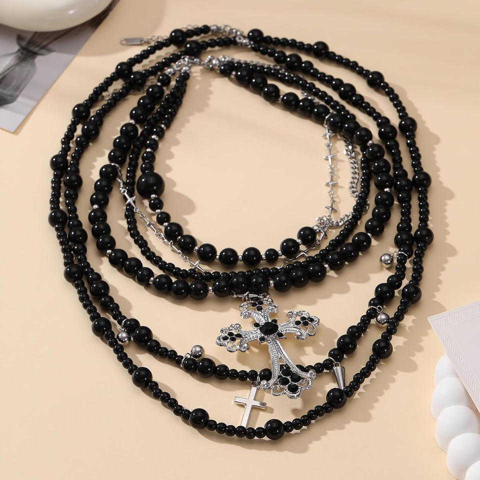 Layered Gothic Cross Necklace Goth Grunge Emo Black Chain Beaded Choker ...