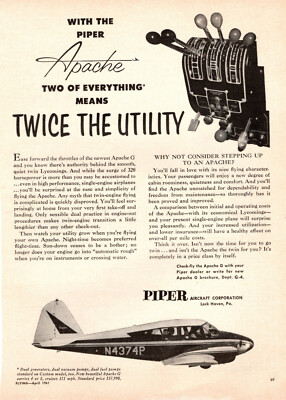 1961 vintage aircraft Ad PIPER Twin Engine Apache G 5 passenger private ...