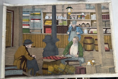 Men in Storeroom Playing Checkers, Vintage Illustrastion Painting On ...