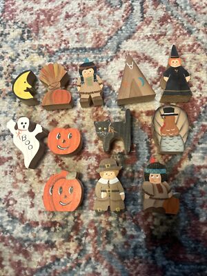 Vintage Wooden Block Figures Fall Themed | eBay