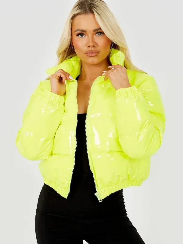 Women Shiny Wet Look Vinyl Thick Puffer Padded Quilted Cropped Short ...