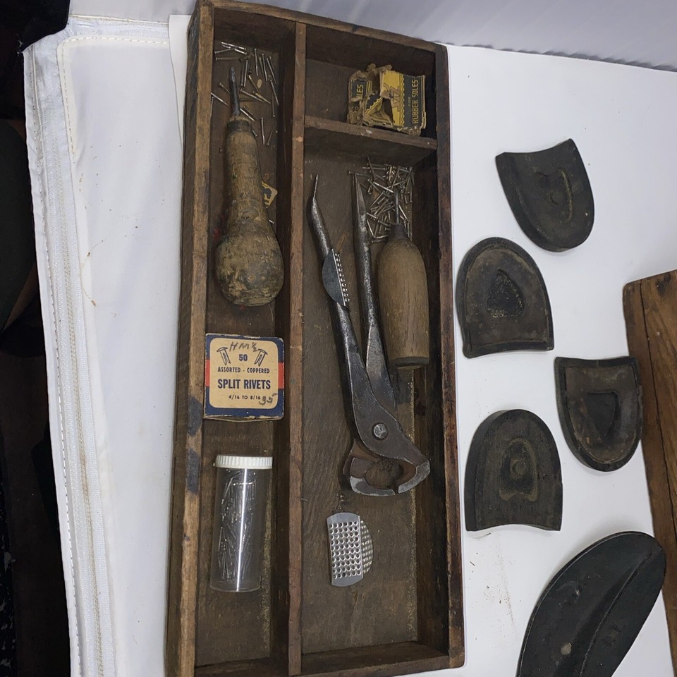 Vintage Cobbler Set: Nails, Tools, Stand, Box, Plates, Tacks, Heels. | eBay