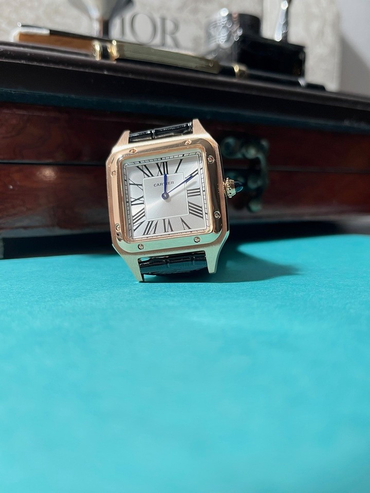 Cartier Santos Medium 18K Rose Gold Quartz Roman Dial Leather Strap ...