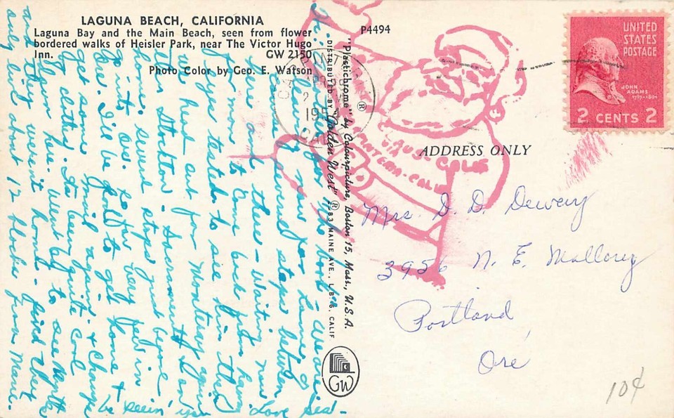 Postcard California Laguna Beach California Christmas Stamp Back 1954 ...