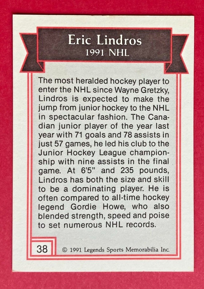 1991 Legends Mag. Ins. Rookie Eric Lindros #38 Hockey Philadelphia ...