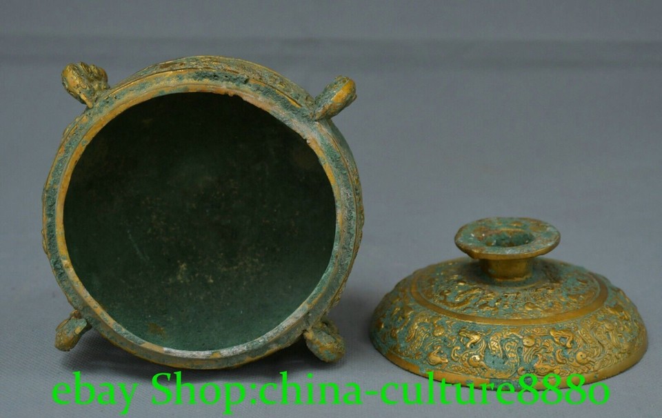 7'' Old War Han Dynasty Bronze Ware Gilt Inscription 4 Beast Container ...