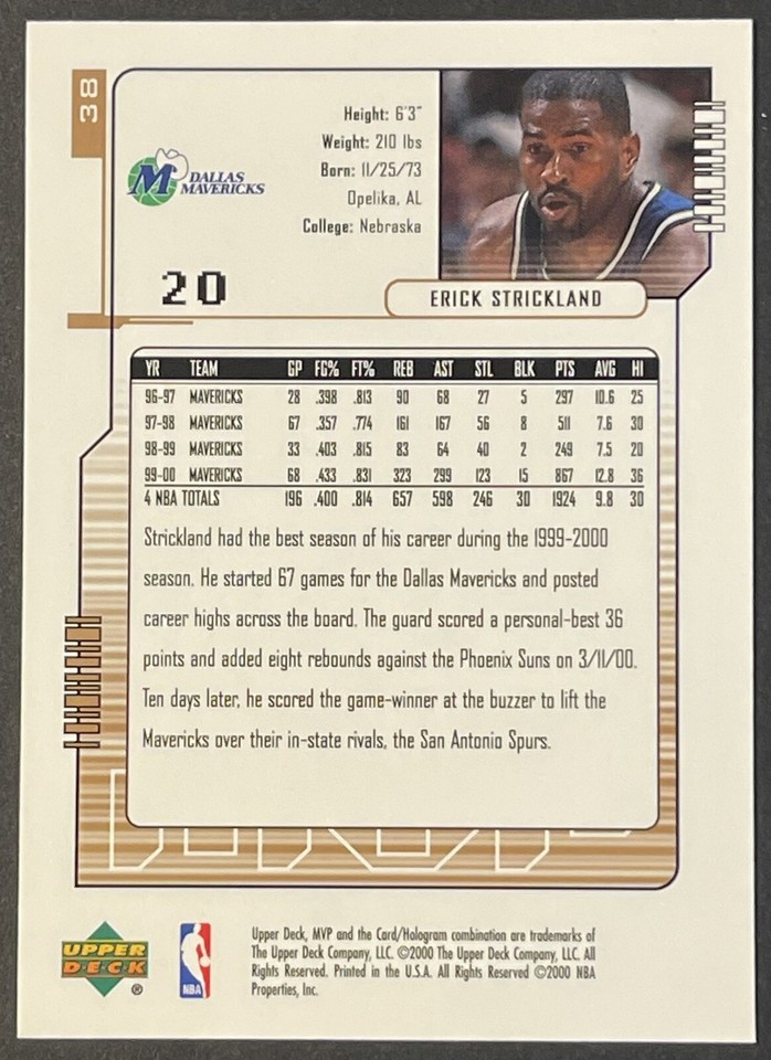 2000-01 Upper Deck MVP Dallas Mavericks Basketball Card #39 Hubert ...