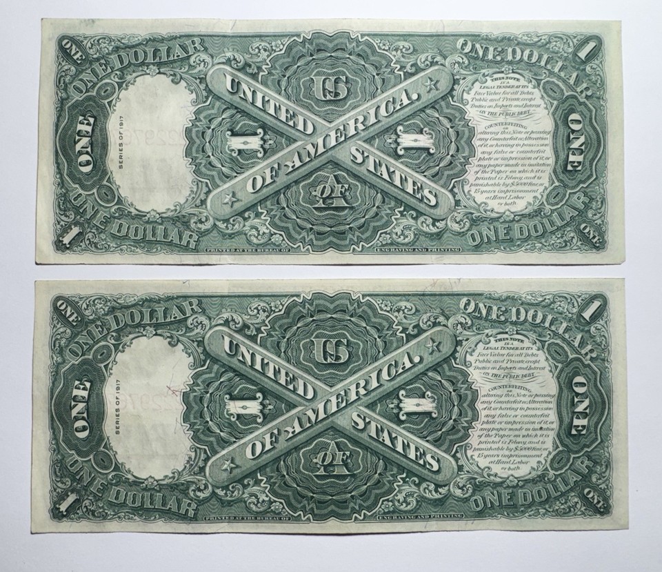 2 Consecutive- 1917 $1 Dollar Large Size Legal Tender Banknote Sawhorse ...