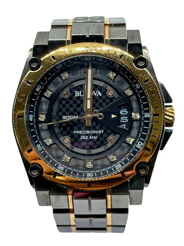 BULOVA PRECISIONIST 98D149 QUARTZ DIAMOND DIAL GOLD TONE GUNMETAL ME ...