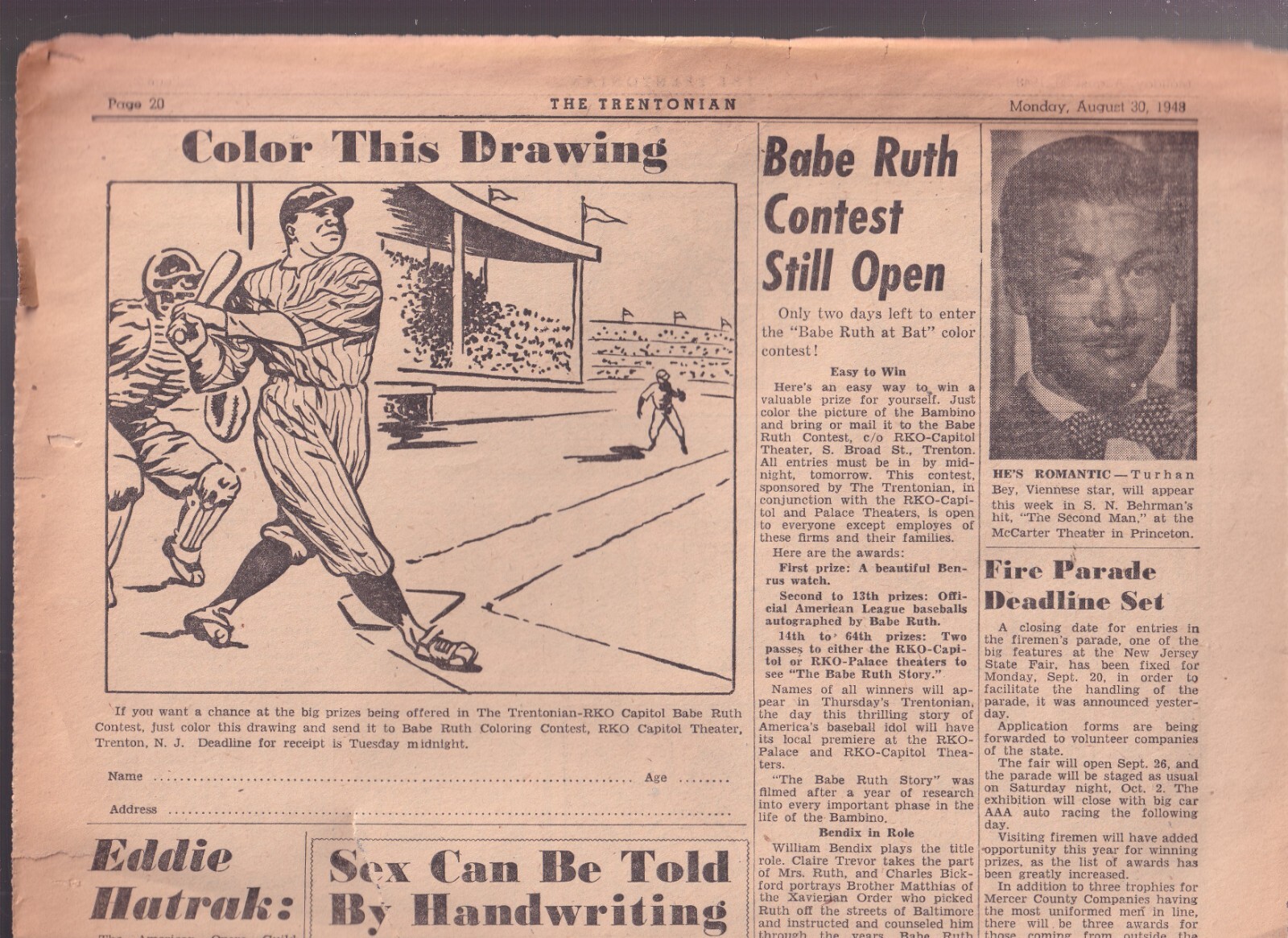 Babe Ruth-Color this Drawing Article August 30, 1948, Trentonian Paper ...