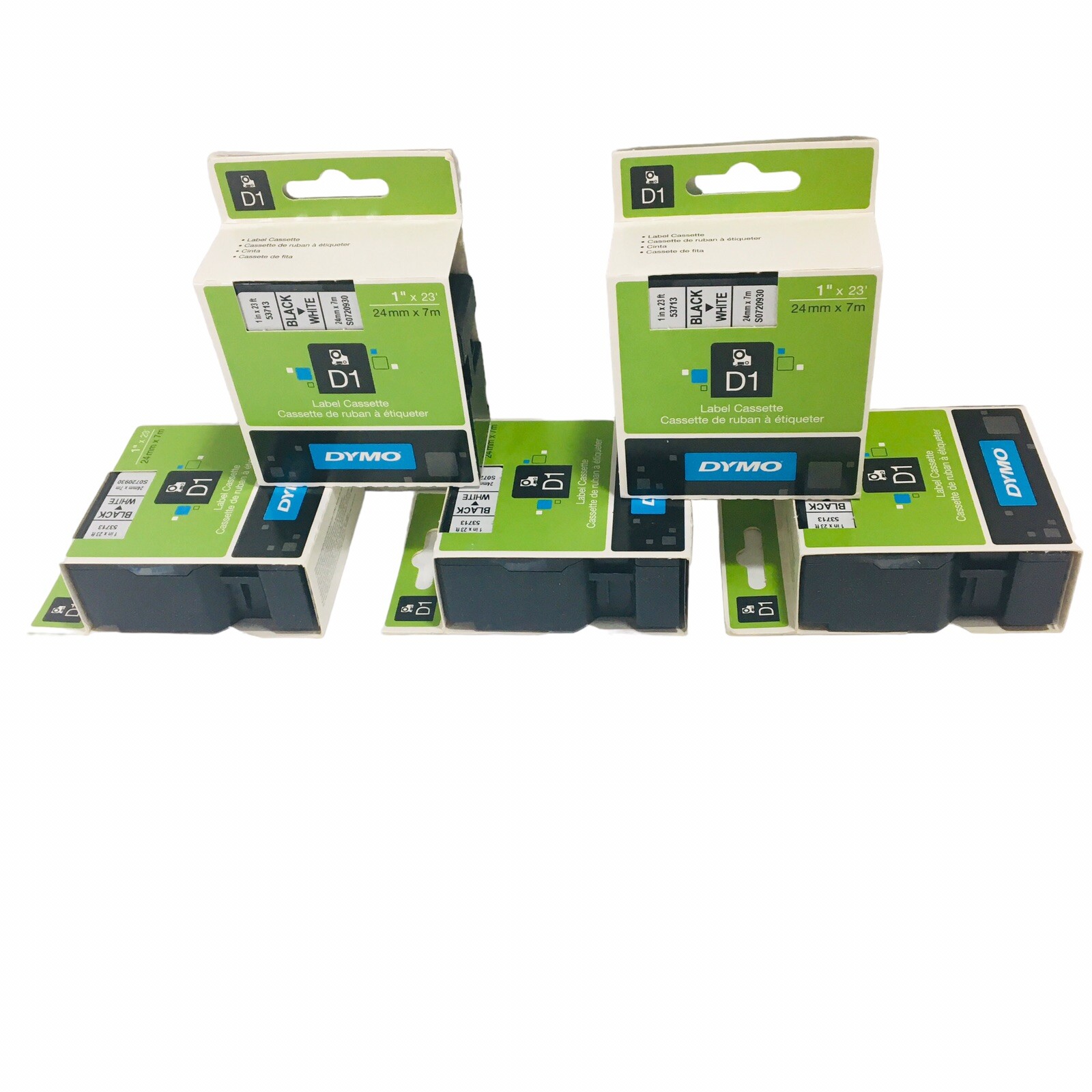 5 PACK DYMO D1 LABEL CASSETTE TAPE BLACK PRINT WHITE 1" X 23' 53713 NEW ...