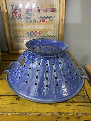 Vtg Primitive Cobalt Blue White Swirl Enamelware Colander Graniteware ...