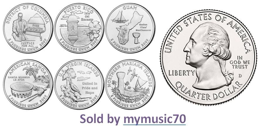2009 D US Territories Quarters Set (DC, PR, GU, AS, VI, MP) 50 State ...