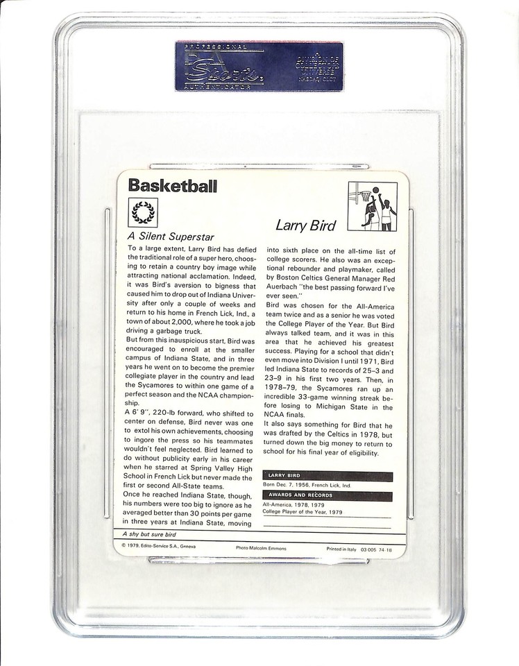 1977-79 Sportscaster Italy Larry Bird #74-18 Indiana State PSA 9 MINT ...