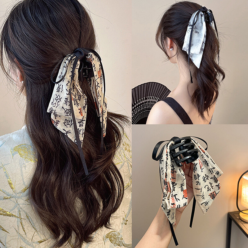 New Chinese Style Calligraphy Ribbon Bow Shark Clip Hairpin Hair ...