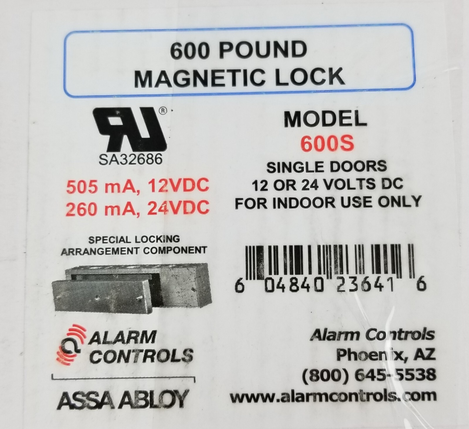 Assa Abloy Alarm Controls 600S Single Magnetic Lock 600Lb Holding 12 ...