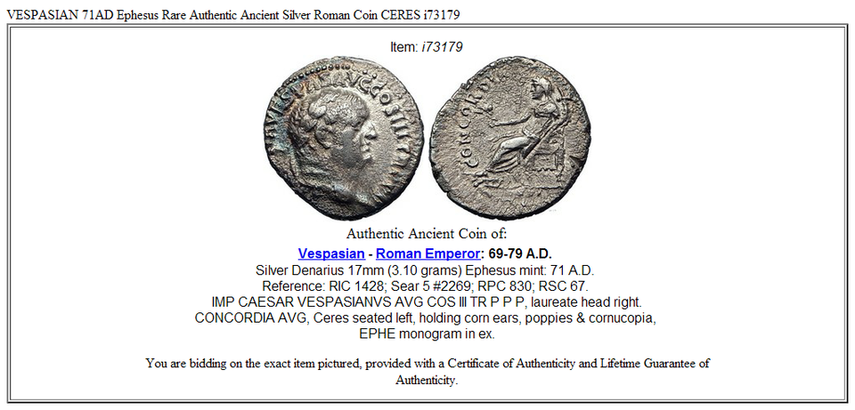 VESPASIAN 71AD Ephesus Rare Authentic Ancient Silver Roman Coin CERES ...