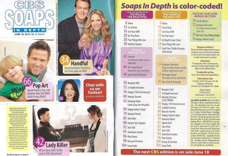 CBS Soaps In Depth Magazine June 18 2012 Sharon Case Billy Miller ...