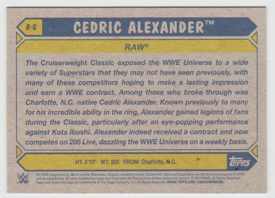 2017 Topps Heritage WWE Roster Updates #R6 Cedric Alexander | eBay