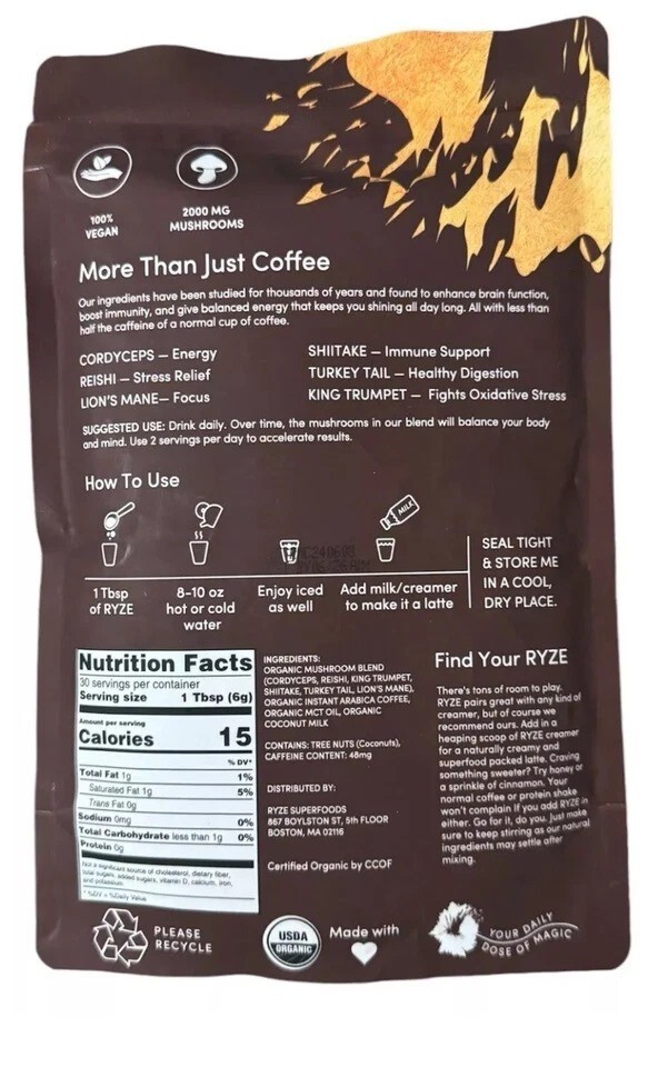 Organic RYSE Mushroom Coffee - 2 Pack (60 Servings) - Focus & Energy ...