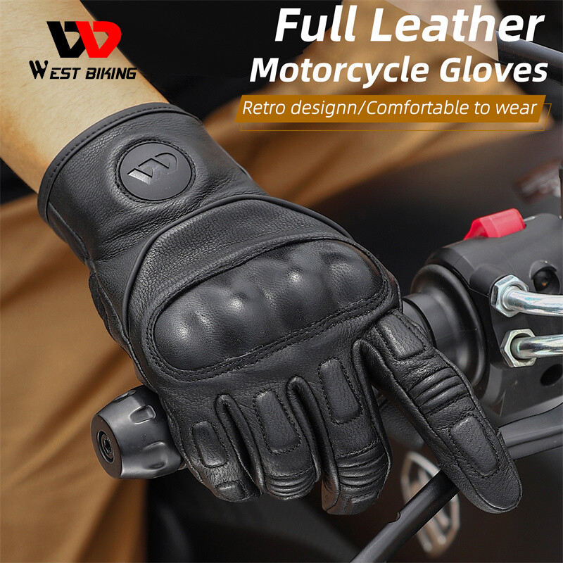WEST BIKING Genuine Leather Motorcycle Gloves Touch Screen Full Finger ...