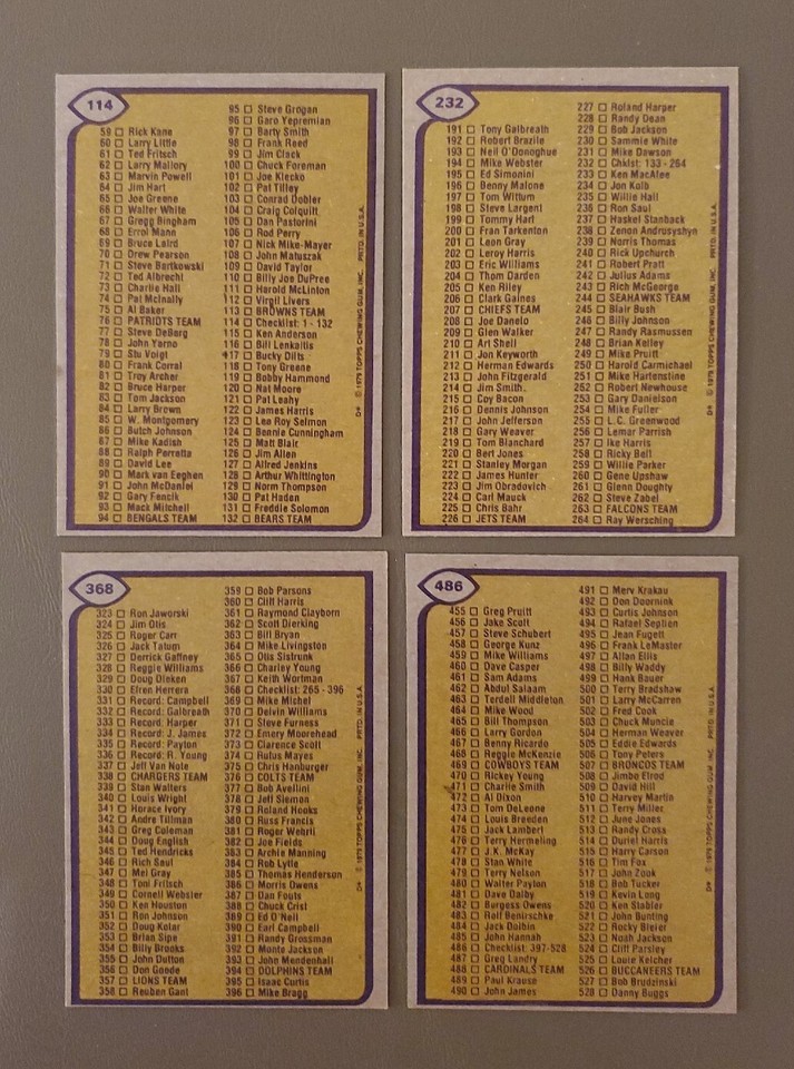 1979 Topps Football (4) Checklists # 114,232,368, 486 UNMARKED and NM ...