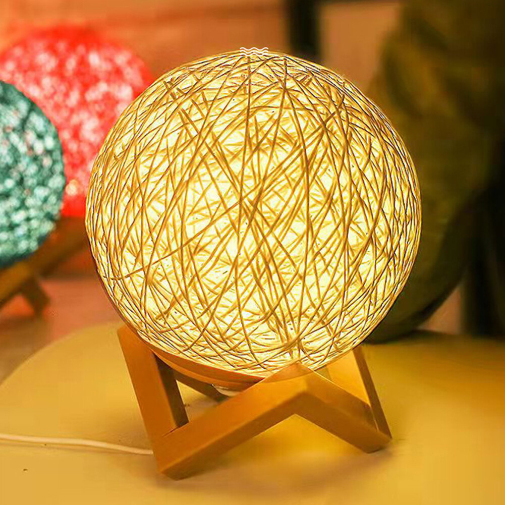 Nordic Rattan Ball Night Light Round Table Lamp Bedroom Home Decor ...