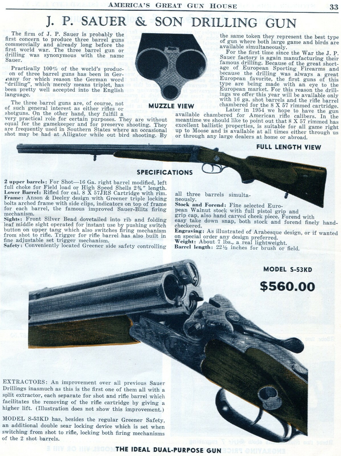 1954 Print Ad of JP Sauer Model S-53KD Drilling Shotgun Rifle Combo | eBay