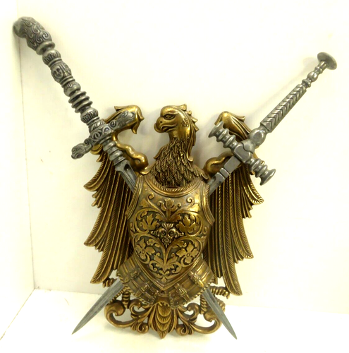 BRASS METAL ART WALL PLAQUE SCULPTURE STATUE CROSSED SWORDS EAGLE ...